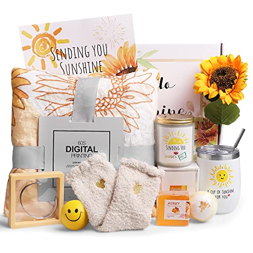 Sending Sunshine Gift, 10pcs Sunflower Gifts for Women, Get Well Soon Gifts Basket Care Package Unique Birthday Gifts Box with Inspirational Blanket Candle for Thinking of You Her Sister Best Friend