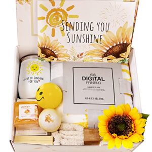 Sending Sunshine Gift, 10pcs Sunflower Gifts for Women, Get Well Soon Gifts Basket Care Package Unique Birthday Gifts Box with Inspirational Blanket Candle for Thinking of You Her Sister Best Friend