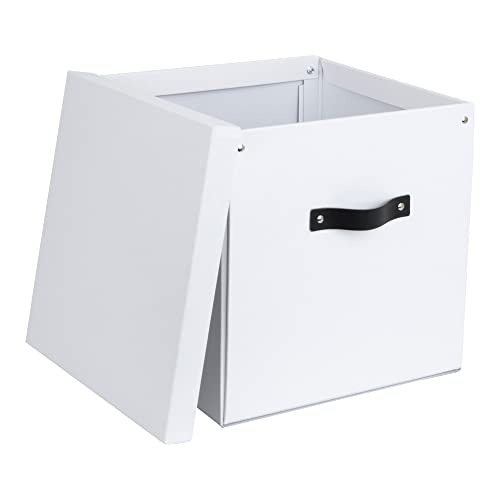 Bigso Logan Storage Box KD | Storage Cubes with Lid for Shelves and Cubical Room Organizers | Collapsible Storage Cube with Leather Handle for Organization | 12.4’’ x 12.4’’ x 12.2’’ (White)