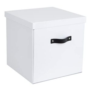 Bigso Logan Storage Box KD | Storage Cubes with Lid for Shelves and Cubical Room Organizers | Collapsible Storage Cube with Leather Handle for Organization | 12.4’’ x 12.4’’ x 12.2’’ (White)