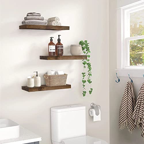 FAEKSUR Floating Shelves Wall Shelf Set of 2, Wood Wall Mounted Shelves for Bathroom with Invisible Brackets, Rustic Floating Shelf for Bedroom, Kitchen, Wall Decor, Living Room, Toilet