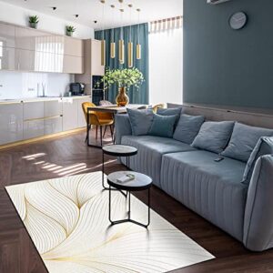 Golden Lines Leaves Texture Area Carpet, Modern White Minimalism Art Bedroom Rug, Floor Carpet Non-Slip Easy Care Soft Washable Printed for Living Room Boy Girl Tea Table Decor4 x 6ft