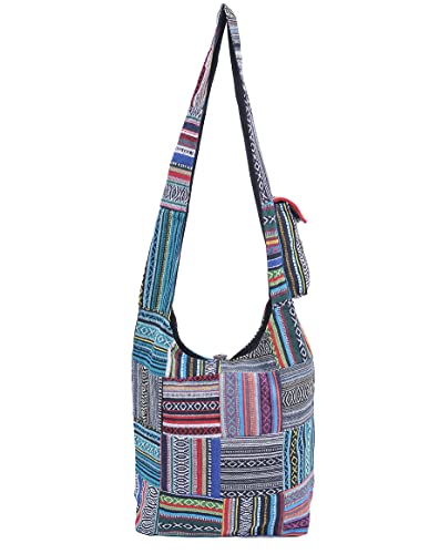 THE COLLECTION ROYAL Bohemian Patchwork Crossbody Purse - Hippie Ethnic Vintage Tribal Inspired Handbag (Blue)