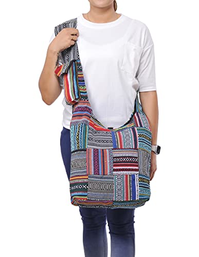 THE COLLECTION ROYAL Bohemian Patchwork Crossbody Purse - Hippie Ethnic Vintage Tribal Inspired Handbag (Blue)