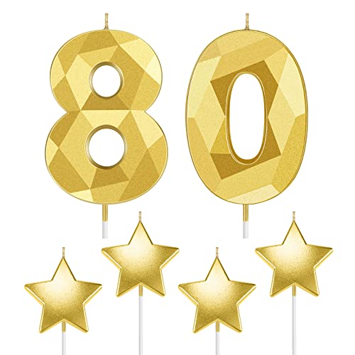 6 Pieces 80th Birthday Candles Gold Cake Numeral Candles Star Shape 80th Birthday Decorations for Women Glitter Mens Candle Number Cake Candles Topper Decoration for Wedding Themed Party Supplies