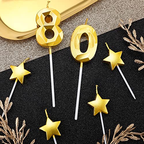 6 Pieces 80th Birthday Candles Gold Cake Numeral Candles Star Shape 80th Birthday Decorations for Women Glitter Mens Candle Number Cake Candles Topper Decoration for Wedding Themed Party Supplies