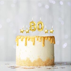 6 Pieces 80th Birthday Candles Gold Cake Numeral Candles Star Shape 80th Birthday Decorations for Women Glitter Mens Candle Number Cake Candles Topper Decoration for Wedding Themed Party Supplies