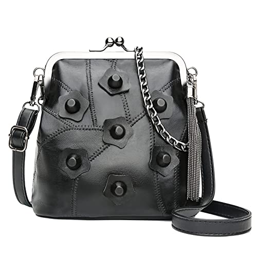 Vintage Kiss Lock Shoulder Bag With Tassel, Leather Flowers Rivets Chain Handle Handbag, Retro Messenger Crossbady Satchel for Women