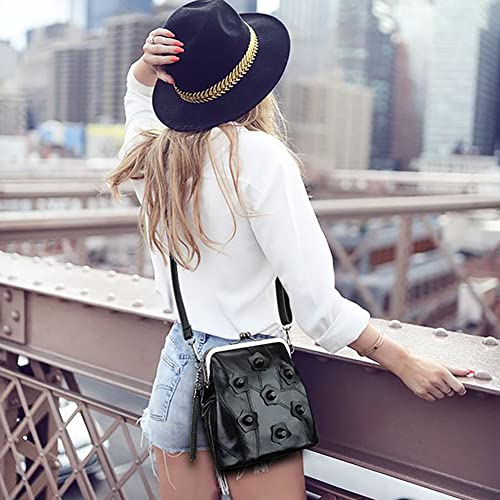 Vintage Kiss Lock Shoulder Bag With Tassel, Leather Flowers Rivets Chain Handle Handbag, Retro Messenger Crossbady Satchel for Women