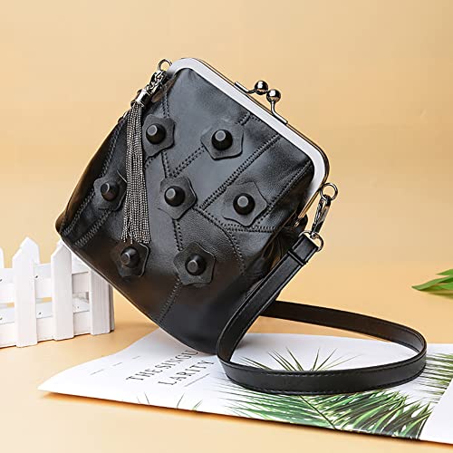 Vintage Kiss Lock Shoulder Bag With Tassel, Leather Flowers Rivets Chain Handle Handbag, Retro Messenger Crossbady Satchel for Women