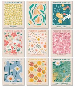 mini zozi flower market posters wall art prints 9pcs 8×10 aesthetic danish pastel matisse floral flower print poster set trendy for dorm room decor decorations cute flowers unframed paintings collage sets