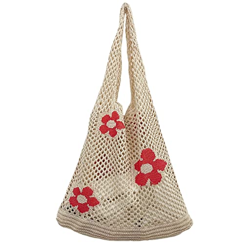 AIYUENCICI Crochet Tote Bag, Fairy Hobo Bag for Women Aesthetic Bag Y2k Purse Knitted Shoulder Bag for Girls Mesh Beach Bags (Beige)