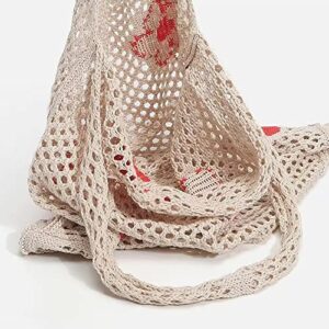 AIYUENCICI Crochet Tote Bag, Fairy Hobo Bag for Women Aesthetic Bag Y2k Purse Knitted Shoulder Bag for Girls Mesh Beach Bags (Beige)