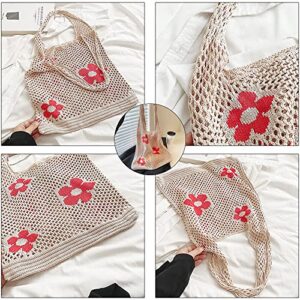 AIYUENCICI Crochet Tote Bag, Fairy Hobo Bag for Women Aesthetic Bag Y2k Purse Knitted Shoulder Bag for Girls Mesh Beach Bags (Beige)