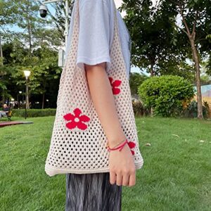 AIYUENCICI Crochet Tote Bag, Fairy Hobo Bag for Women Aesthetic Bag Y2k Purse Knitted Shoulder Bag for Girls Mesh Beach Bags (Beige)