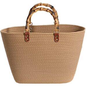 Women Straw Large Tote Bag Retro Bamboo Handle Strip Beach Handbag Summer Woven Handmade Elegant Travel Purse