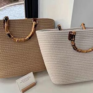 Women Straw Large Tote Bag Retro Bamboo Handle Strip Beach Handbag Summer Woven Handmade Elegant Travel Purse