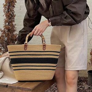 Women Straw Large Tote Bag Retro Bamboo Handle Strip Beach Handbag Summer Woven Handmade Elegant Travel Purse