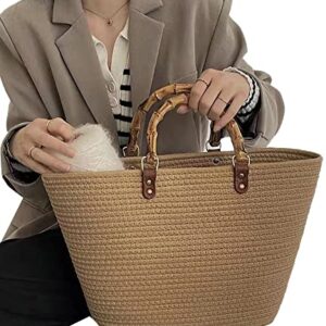 Women Straw Large Tote Bag Retro Bamboo Handle Strip Beach Handbag Summer Woven Handmade Elegant Travel Purse