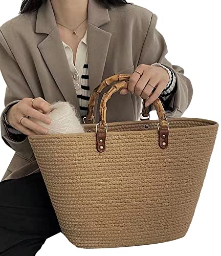 Women Straw Large Tote Bag Retro Bamboo Handle Strip Beach Handbag Summer Woven Handmade Elegant Travel Purse