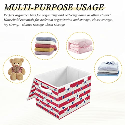 Oyihfvs American Patriotic Blue Stars Red Stripes Independence Memorial Foldable Cube Storage Basket Collapsible Fabric with Lidded Sturdy Handles Organizer Box for Home Bedroom 16.5 x 12.6 x 11.8 in