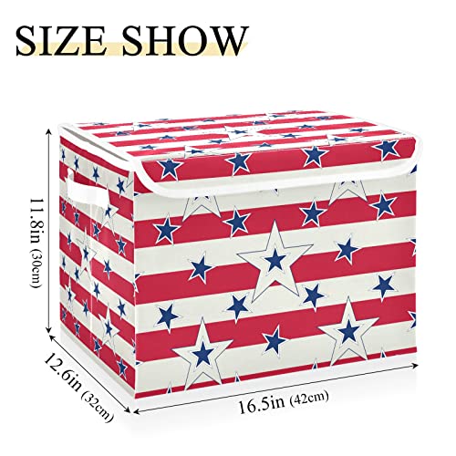 Oyihfvs American Patriotic Blue Stars Red Stripes Independence Memorial Foldable Cube Storage Basket Collapsible Fabric with Lidded Sturdy Handles Organizer Box for Home Bedroom 16.5 x 12.6 x 11.8 in