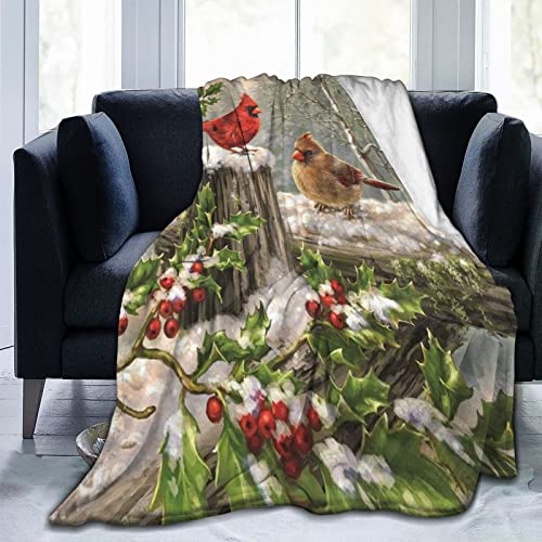 Winter Cardinals Birds Throw Blanket Cozy Soft Xmas Christmas Blanket for Couch Sofa Chair Bed Fuzzy Thermal Fleece Travel Blankets 60 X 50 in Home Holiday Decoratives