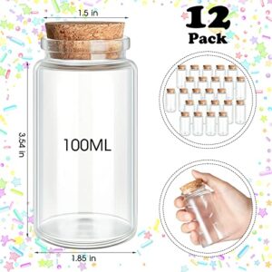 12 Pack Small Glass Cork Bottles, 100 ml/ 3.4 oz, Small Glass Jars Spell Jars Clear Potion Bottles Mini Glass Bottles with Cork Bottle Bright DIY Sand Water Message Decorative Jar Party Favors