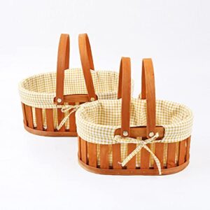 femun a set of wooden basket, woven baskets for storage, handheld picnic basket, storage basket, wooden strips woven double carry handle flower basket, suitable for picnics, camping (a set of 2)