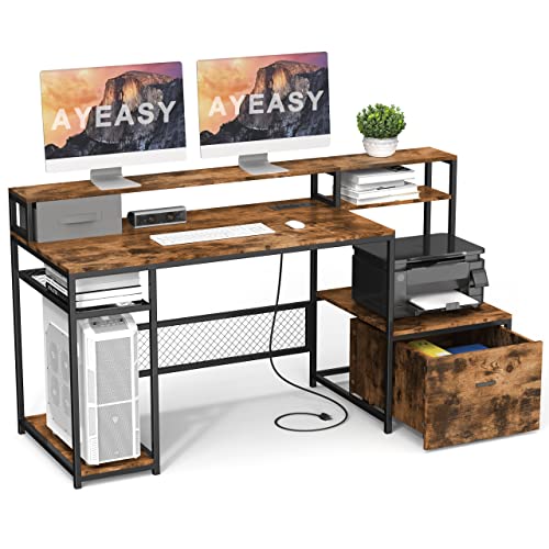 AYEASY Home Office Desk with Monitor Stand Shelf, 66 inch Large Computer Desk with Power Outlet and USB Charging Port, Computer Table with Storage Shelves and Drawer, Study Work Desk, Rustic Brown