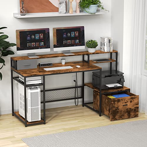 AYEASY Home Office Desk with Monitor Stand Shelf, 66 inch Large Computer Desk with Power Outlet and USB Charging Port, Computer Table with Storage Shelves and Drawer, Study Work Desk, Rustic Brown