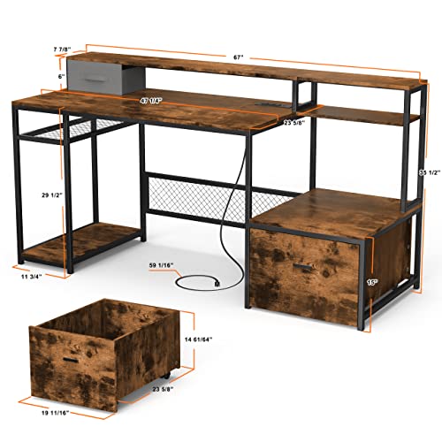 AYEASY Home Office Desk with Monitor Stand Shelf, 66 inch Large Computer Desk with Power Outlet and USB Charging Port, Computer Table with Storage Shelves and Drawer, Study Work Desk, Rustic Brown