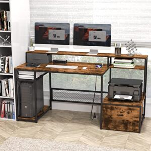 AYEASY Home Office Desk with Monitor Stand Shelf, 66 inch Large Computer Desk with Power Outlet and USB Charging Port, Computer Table with Storage Shelves and Drawer, Study Work Desk, Rustic Brown