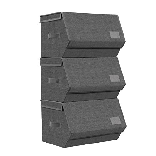 DOVAMY Stackable Storage Bins, Set of 3 Storage Drawers for Clothes, Cube Organizer with Lid, Fabric Toy Storage Box, 15”L x 13.8”W x 9.8”H, Dark Gray BTM0301