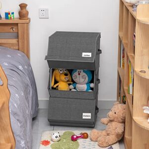 DOVAMY Stackable Storage Bins, Set of 3 Storage Drawers for Clothes, Cube Organizer with Lid, Fabric Toy Storage Box, 15”L x 13.8”W x 9.8”H, Dark Gray BTM0301