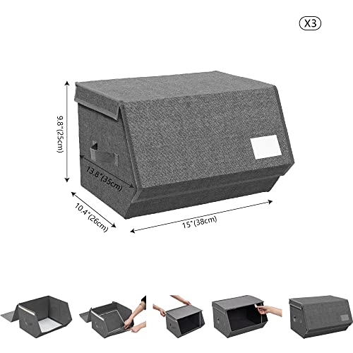 DOVAMY Stackable Storage Bins, Set of 3 Storage Drawers for Clothes, Cube Organizer with Lid, Fabric Toy Storage Box, 15”L x 13.8”W x 9.8”H, Dark Gray BTM0301