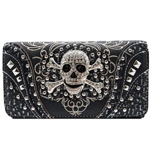 western origin sugar skull day of the dead cross bone studs punk gothic art rivet studded women wristlet trifold wallet (#2 black)