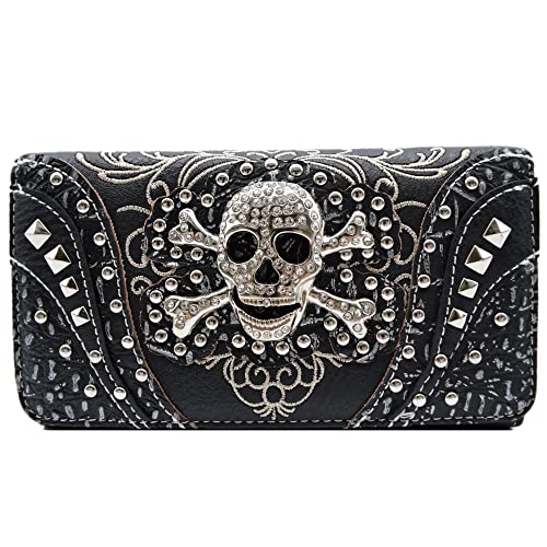 WESTERN ORIGIN Sugar Skull Day of the Dead Cross Bone Studs Punk Gothic Art Rivet Studded Women Wristlet Trifold Wallet (#2 Black)