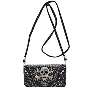 WESTERN ORIGIN Sugar Skull Day of the Dead Cross Bone Studs Punk Gothic Art Rivet Studded Women Wristlet Trifold Wallet (#2 Black)