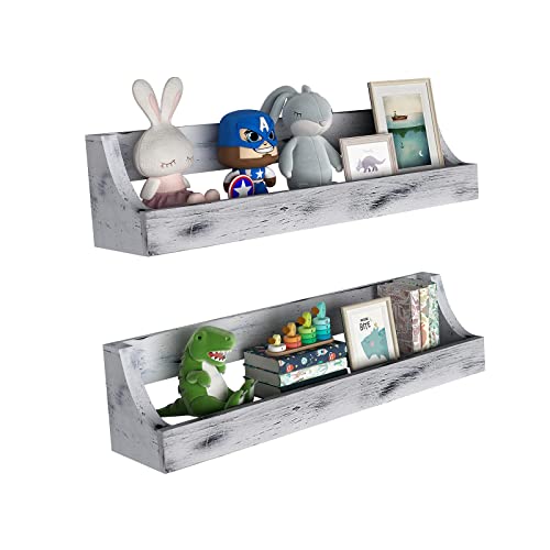 JOLLYMER Wood Kids Floating Shelves, Rustic Nursery Shelves, Wall Mount Kids Bookshelf Set of 2, White