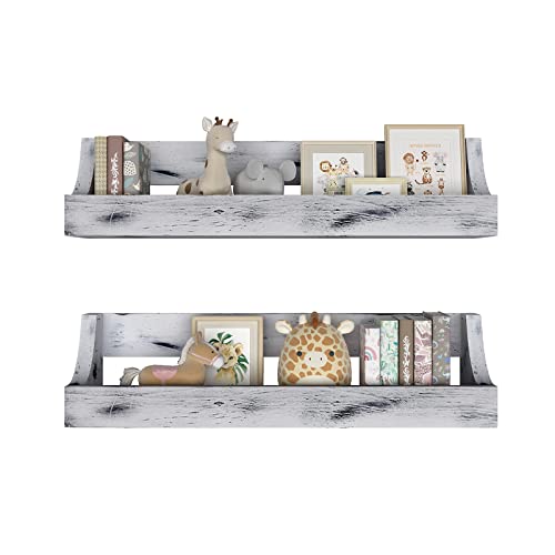 JOLLYMER Wood Kids Floating Shelves, Rustic Nursery Shelves, Wall Mount Kids Bookshelf Set of 2, White