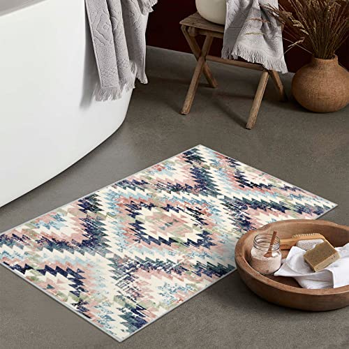 Lanffia Modern Geometric Area Rug - 2x3 Small Entryway Rug Doormat Faux Wool Non-Slip Washable Low-Pile Throw Carpet for Bathroom Kitchen Laundry Room Decor, Pink