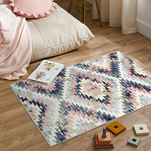 Lanffia Modern Geometric Area Rug - 2x3 Small Entryway Rug Doormat Faux Wool Non-Slip Washable Low-Pile Throw Carpet for Bathroom Kitchen Laundry Room Decor, Pink