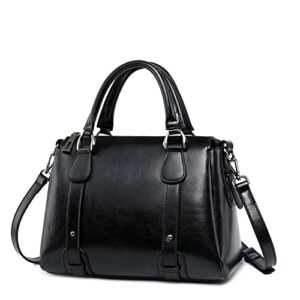 genuine leather satchel handbag for women top handle purse fashion crossbody bag ladies tote purse with zipper (black)