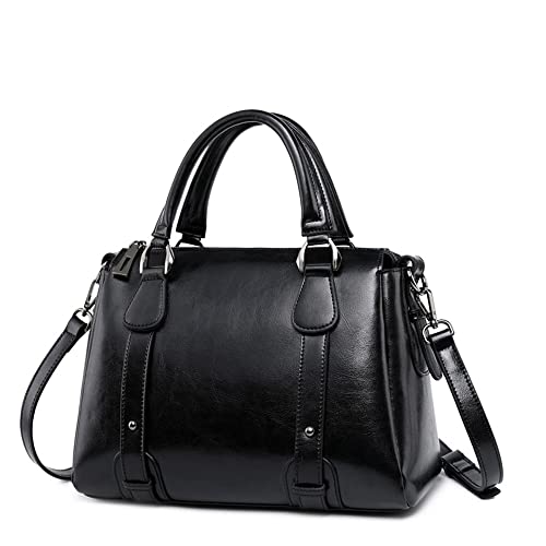 Genuine Leather Satchel Handbag for Women Top Handle Purse Fashion Crossbody Bag Ladies Tote Purse with Zipper (Black)