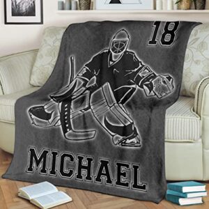 ohaprints custom dark grey hockey blanket hockey boy player personalized name number soft sherpa throw blankets cozy fuzzy fleece throws for tv sofa couch comfy fluffy blanket 30x40 50x60 60x80