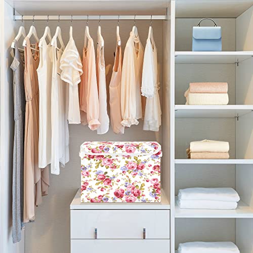 Kigai Floral White Storage Basket with Lid Collapsible Storage Bin Fabric Box Closet Organizer for Home Bedroom Office 1 Pack