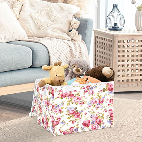 Kigai Floral White Storage Basket with Lid Collapsible Storage Bin Fabric Box Closet Organizer for Home Bedroom Office 1 Pack