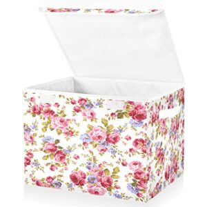 Kigai Floral White Storage Basket with Lid Collapsible Storage Bin Fabric Box Closet Organizer for Home Bedroom Office 1 Pack