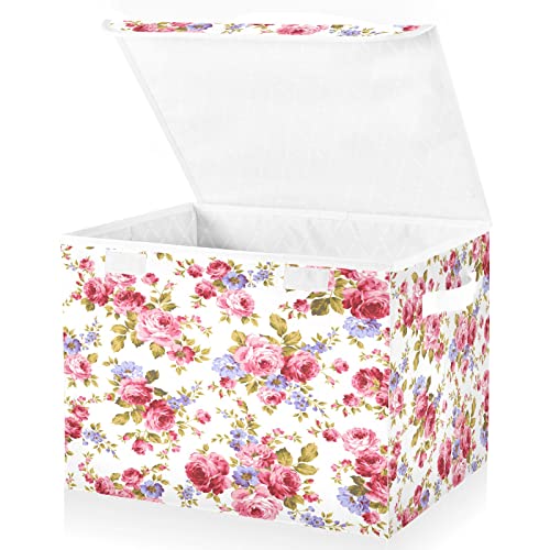 Kigai Floral White Storage Basket with Lid Collapsible Storage Bin Fabric Box Closet Organizer for Home Bedroom Office 1 Pack